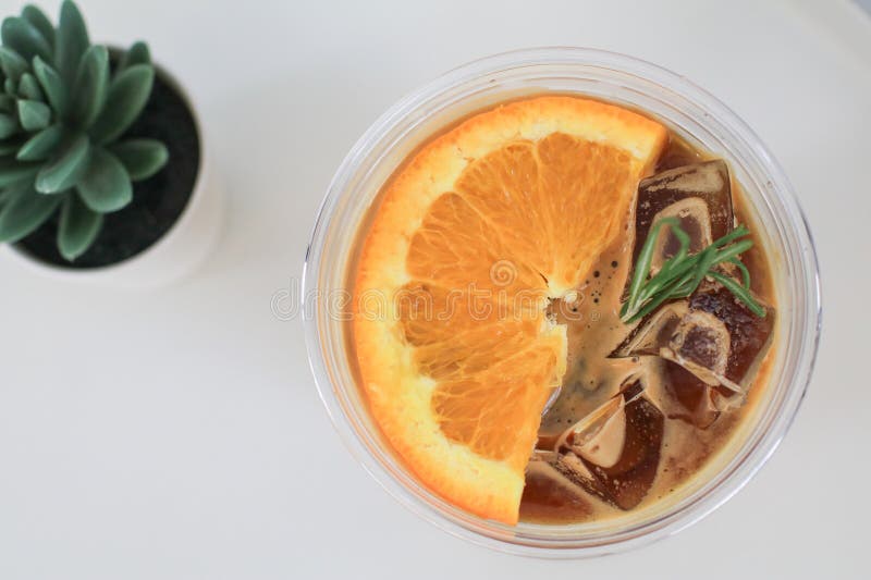 Coffee with Orange Juice on White Table. Trendy Summer Refreshing ...