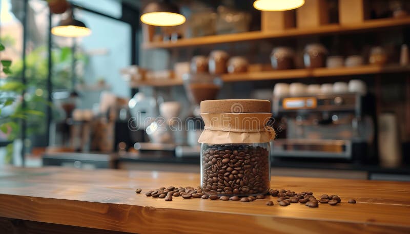 Coffee Package Show Case on Table at Cafe Stock Illustration ...