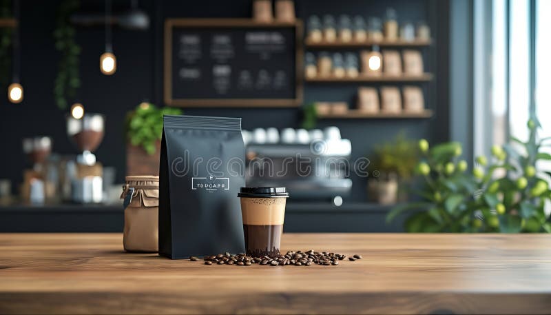 Coffee Package Show Case on Table at Cafe Stock Illustration ...