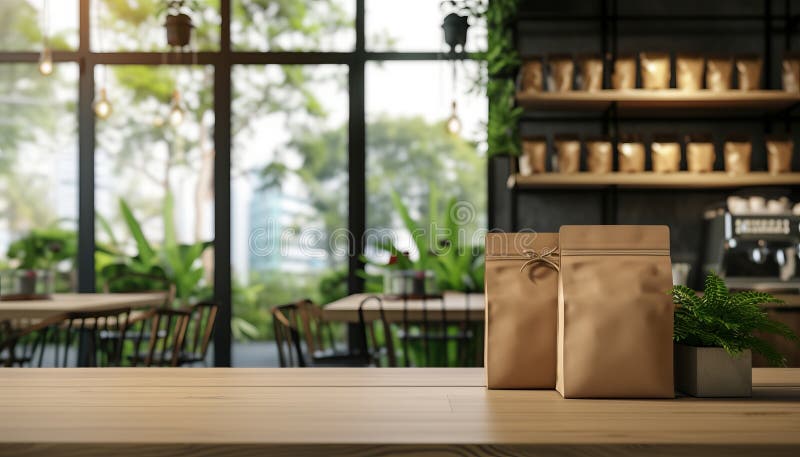 Coffee Package Show Case on Table at Cafe Stock Illustration ...