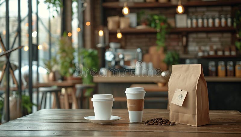 Coffee Package Show Case on Table at Cafe Stock Illustration ...