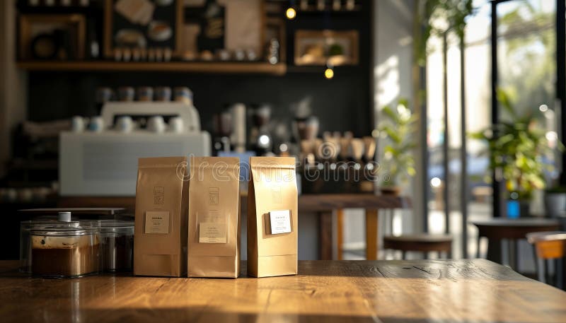 Coffee Package Show Case on Table at Cafe Stock Illustration ...