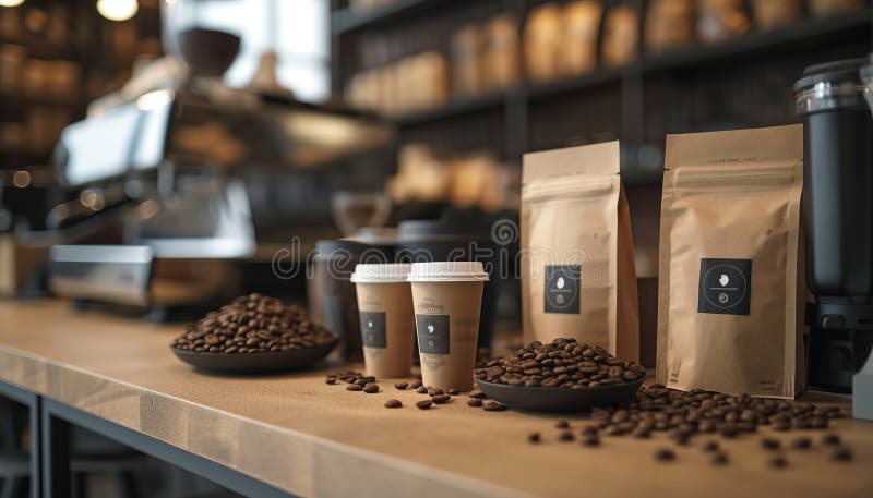 Coffee Package Show Case on Table at Cafe Stock Illustration ...