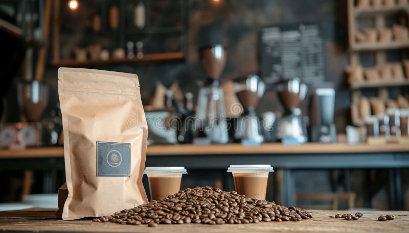 Coffee Package Show Case on Table at Cafe Stock Illustration ...