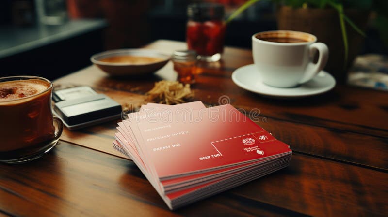 Coffee and Pamphlets on Wooden Table Stock Illustration - Illustration ...