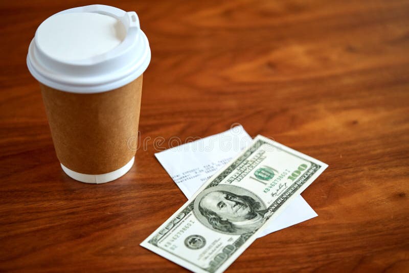 Coffee in Paper Cup, Bill and Money on Table Stock Photo - Image of ...