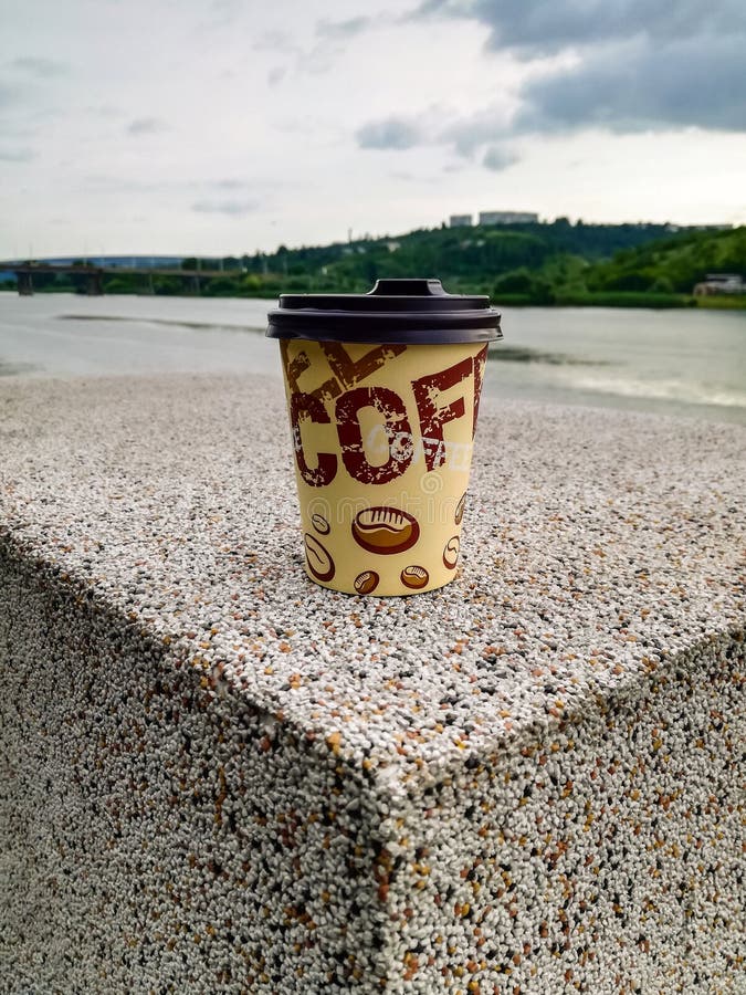 Coffee in Paper Cup on Concrete Rectangular Stand, Against Background ...