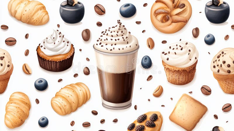 Coffee and Pastries Seamless Pattern, a Delightful Design for Cafe ...