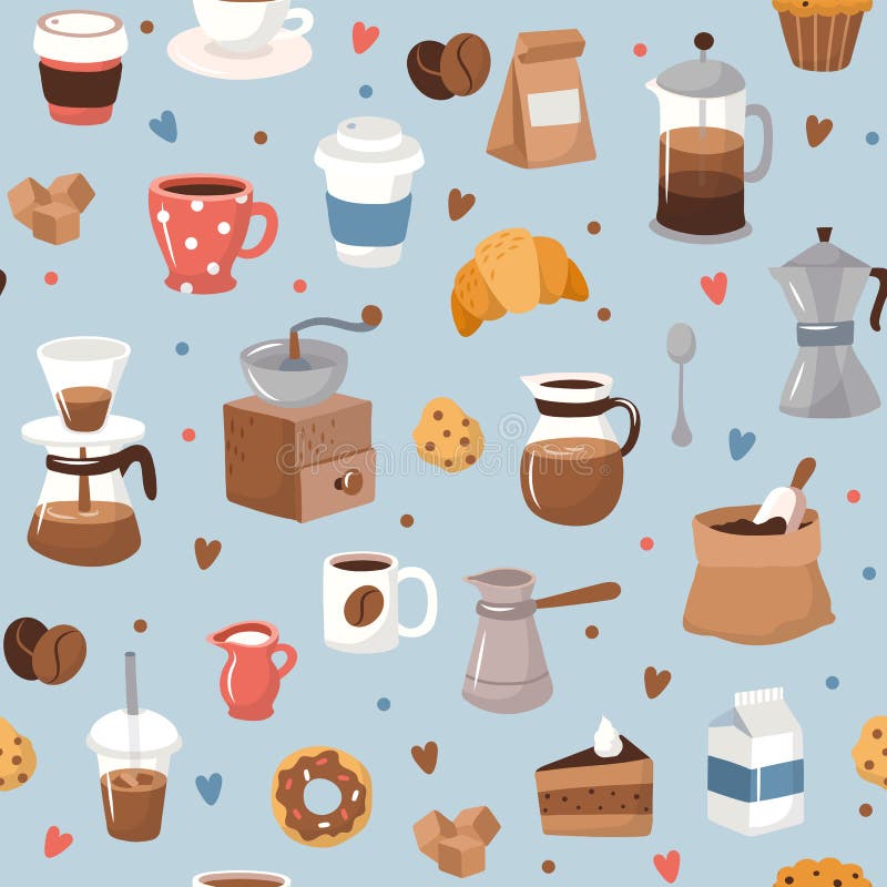 Coffee Pattern, Different Coffee Elements. Cute Cartoon Icons in Hand ...