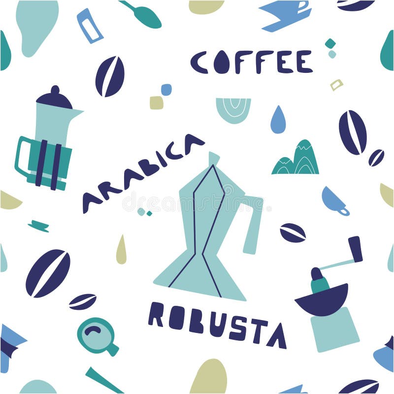 Coffee Pattern with Doodle Tea Pots and Cups. Seamless Texture for Menu ...