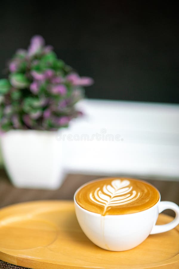 Coffee Pattern in a White Cup on a Wooden Tray Stock Image - Image of ...