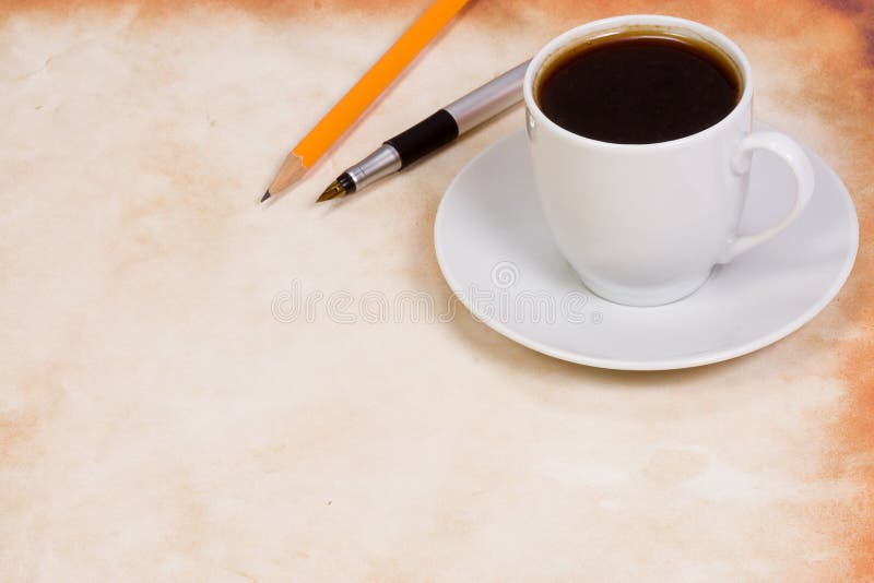 Coffee and pen at paper stock image. Image of full, cafe - 14561895