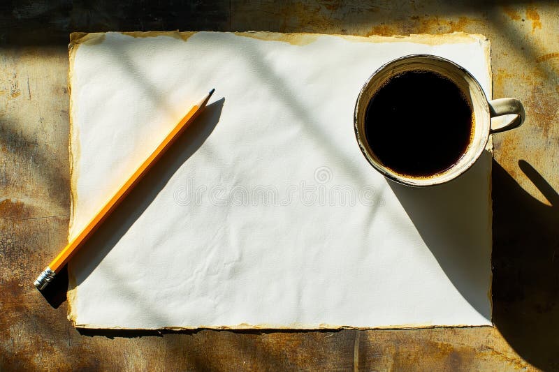 Coffee, Pencil, and Blank Paper on a Rustic Surface Stock Illustration ...
