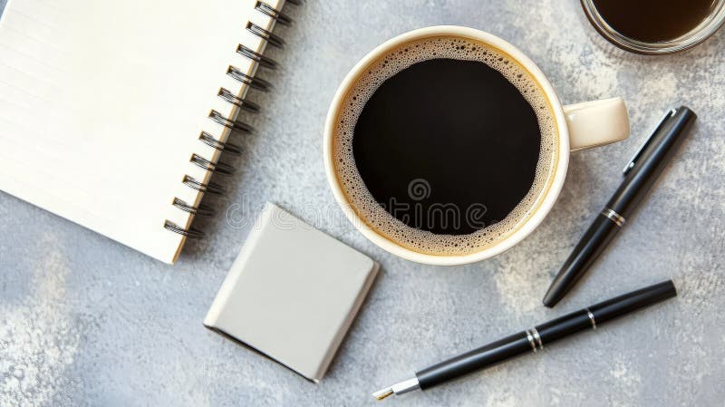 Coffee, Pens, and a Notebook - a Simple Workspace Setup Stock Image ...