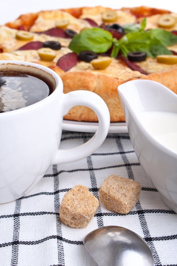 Coffee and pepperoni pizza stock image. Image of espresso - 9333699