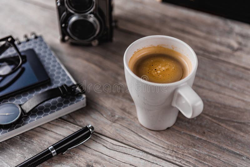 Coffee and Personal Items on Desktop Stock Image - Image of copy ...