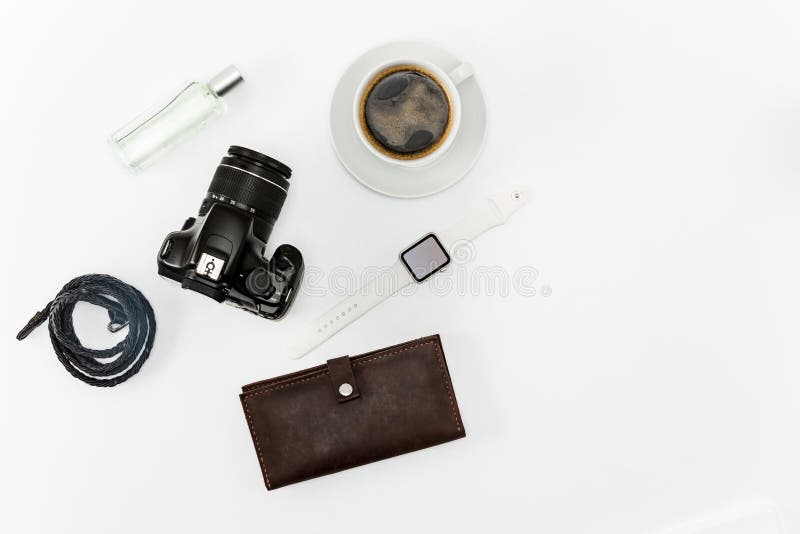 Coffee and Personal Items on Desktop Stock Image - Image of personal ...