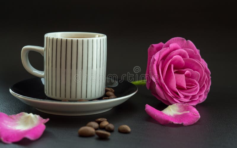 Coffee with Pink Rose on Dark Leather Surface Stock Photo - Image of ...