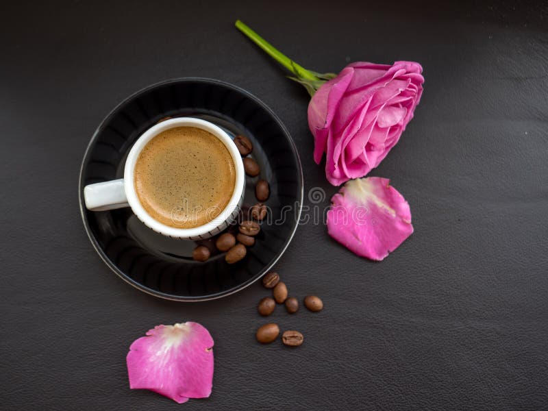Coffee with Pink Rose on Dark Leather Surface Stock Image - Image of ...