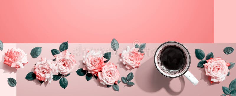Coffee with Pink Roses Overhead View Stock Photo - Image of roses ...