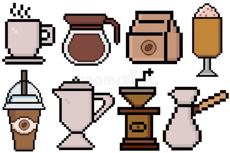 Coffee Pixel Art Set of Icons, Vintage 8 Bit, 80s, 90s Game Style Stock ...