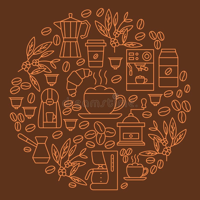 Coffee Poster Circle Template with Flat Line Icons. Vector Illustration ...