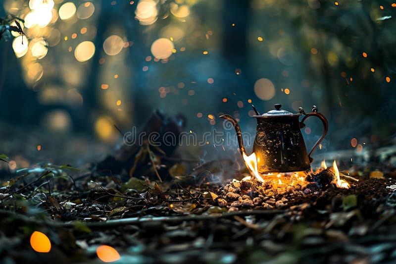 Coffee Pot on the Fire in the Forest at Night Stock Illustration ...