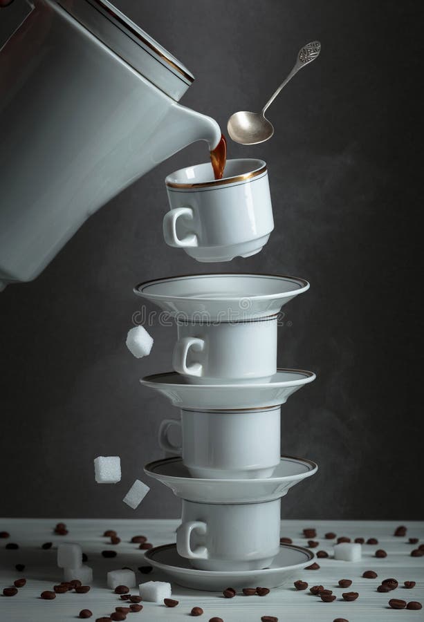 Coffee is Poured into a Falling Coffee Cup Stock Image - Image of ...