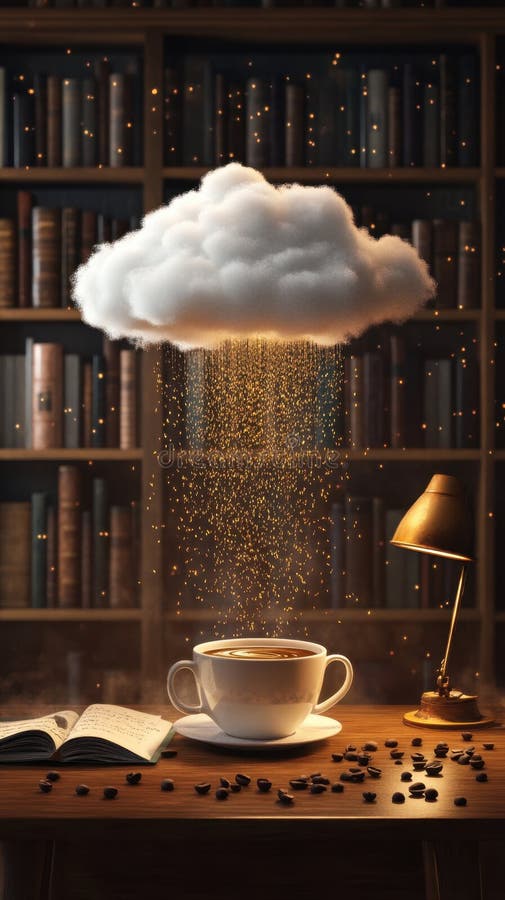 Cloud Pouring Coffee into Cup on Desk in Library, Surreal ...
