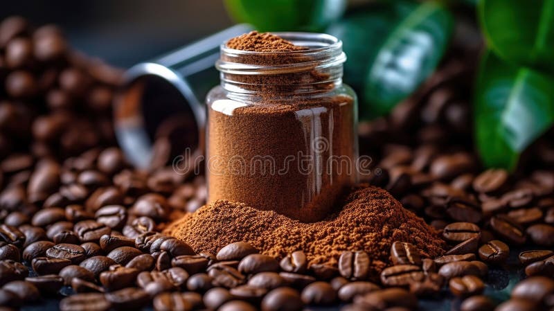 Coffee Powder in the Bottle Sitting on the Coffee Beans. Generative Ai ...