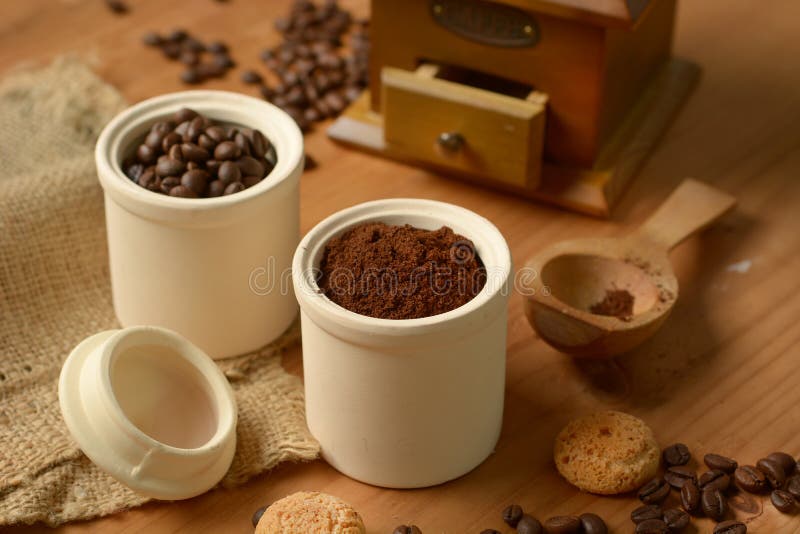 Coffee Powder in the Container - Coffee Grinder Stock Image - Image of ...