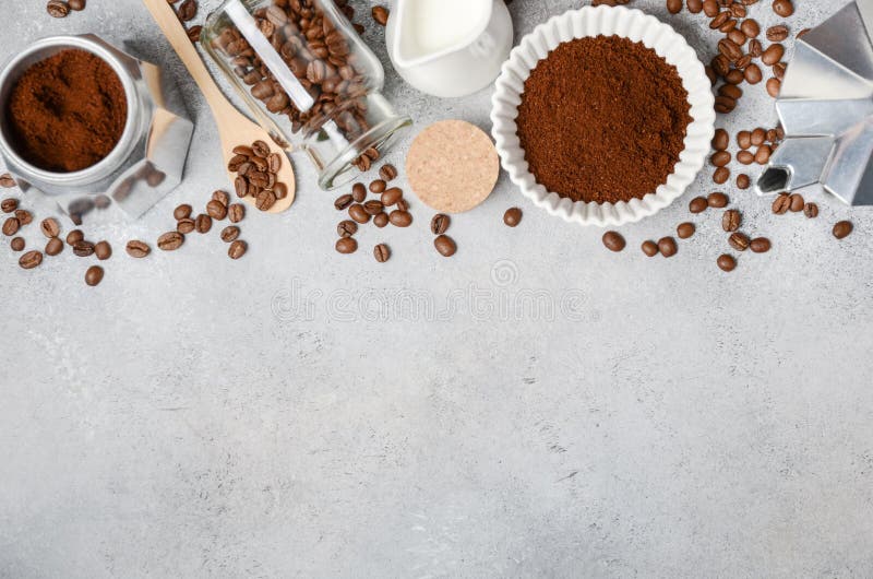 Coffee Preparation Scene Featuring Ground Coffee, Beans, Milk, and ...