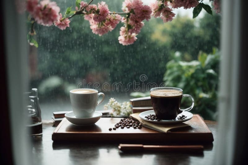 Coffee and rainy day stock illustration. Illustration of rose - 293528580