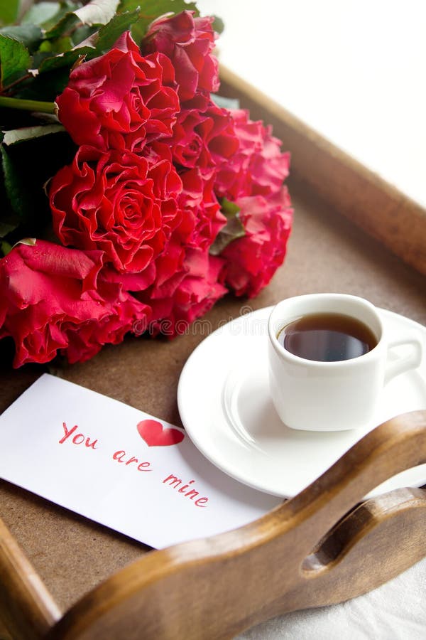 Coffee and Red Roses for Beloved Woman Stock Photo - Image of ...
