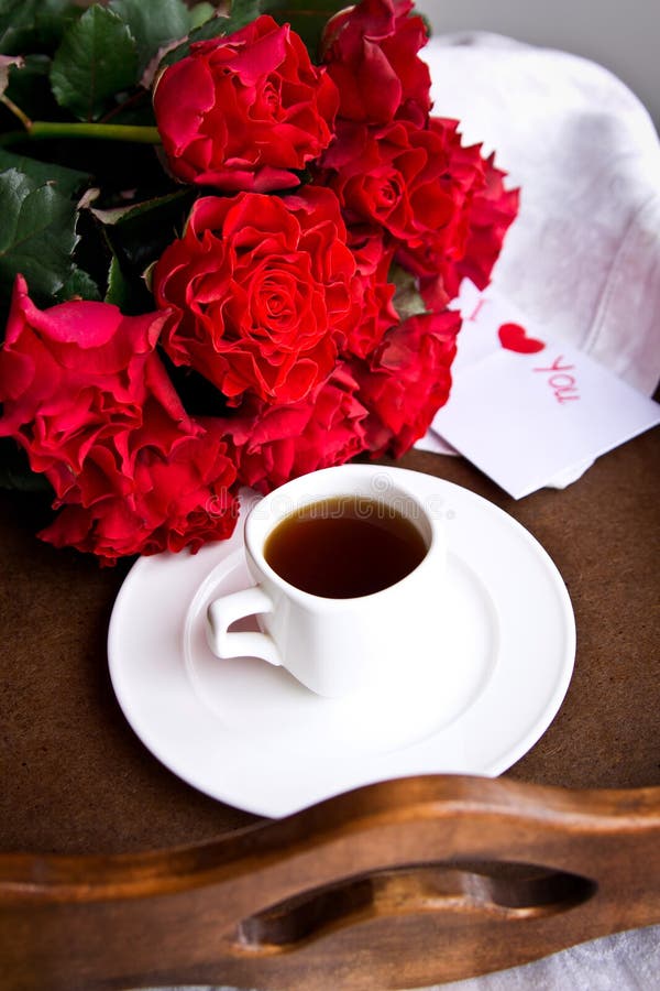Coffee and Red Roses for Valentine S Day Stock Photo - Image of present ...
