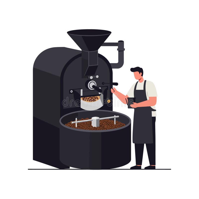 Coffee Roaster Machine with Man Roasting Fresh Coffee Beans Vector ...