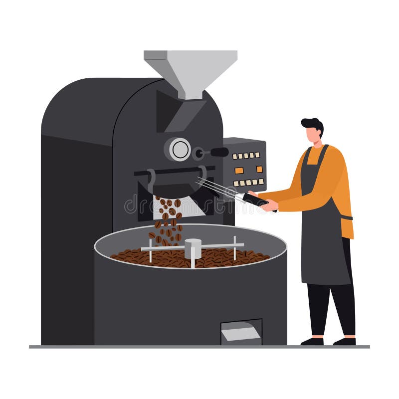 Coffee Roasting Machine with Worker Processing Coffee Beans Illustration Stock Vector ...