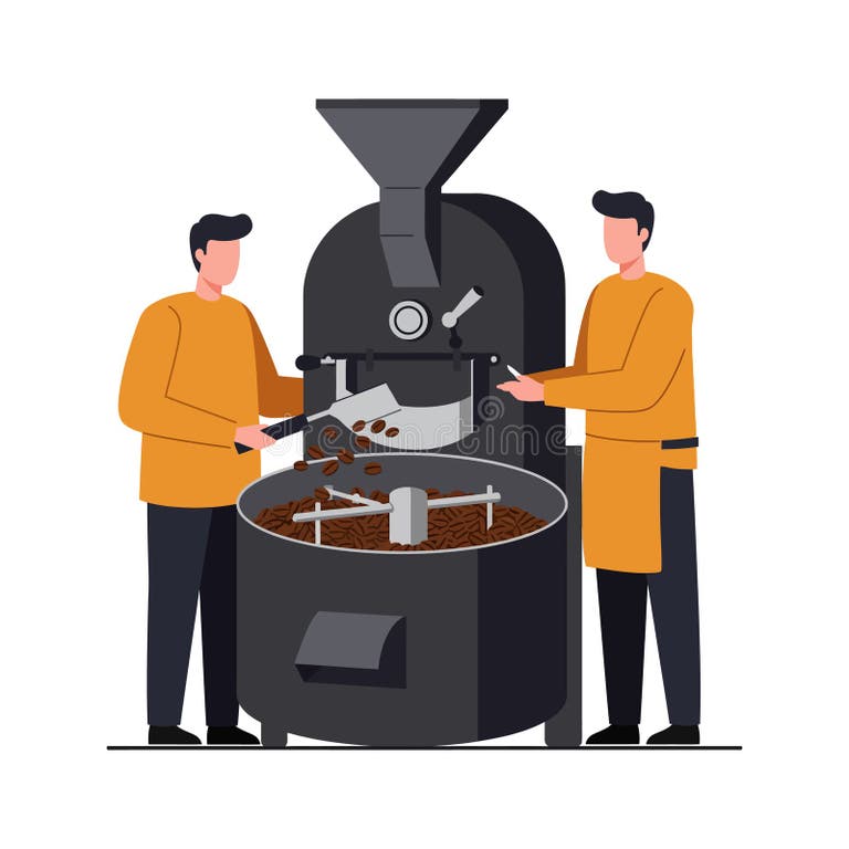 Coffee Roasting Process with Two Workers Operating Large Roasting ...