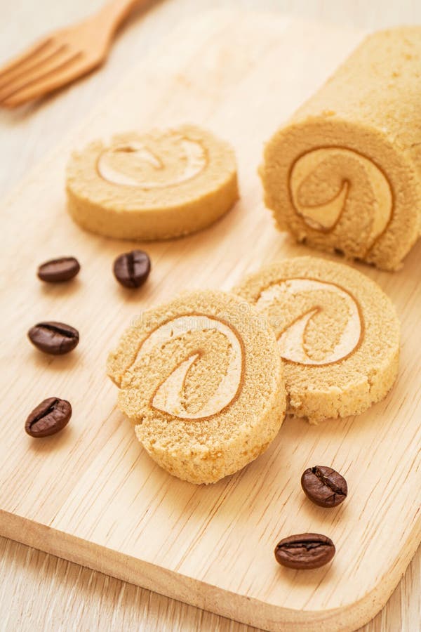 Coffee Roll Cake on Wooden Board Stock Image - Image of bakery, dessert ...