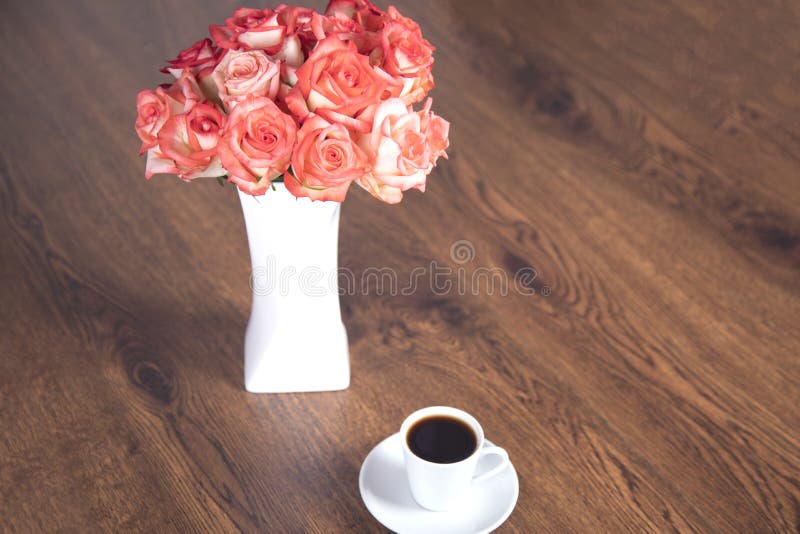 Coffee with roses stock photo. Image of spring, modern - 178462800