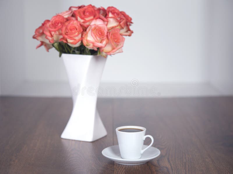 Coffee with roses stock photo. Image of bouquet, rose - 184513260