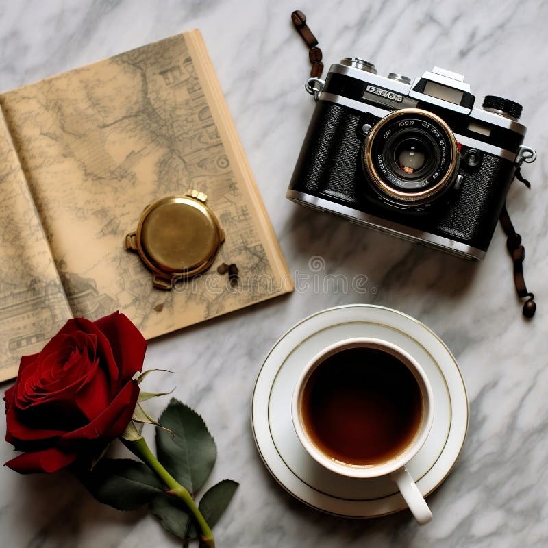 Coffee, Roses, Retro Camera, and Gold Stationery on the Table ...
