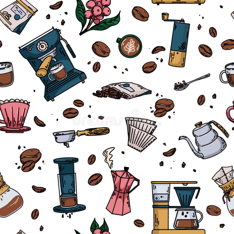 Hand Drawn Coffee Seamless Pattern Stock Illustration - Illustration of ...