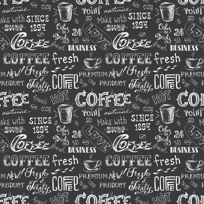 Coffee Seamless Pattern, Hand Drawn Lettering and Sign on Black Stock ... Coffee Seamless Pattern, Hand Drawn Lettering and Sign on Black Stock ...