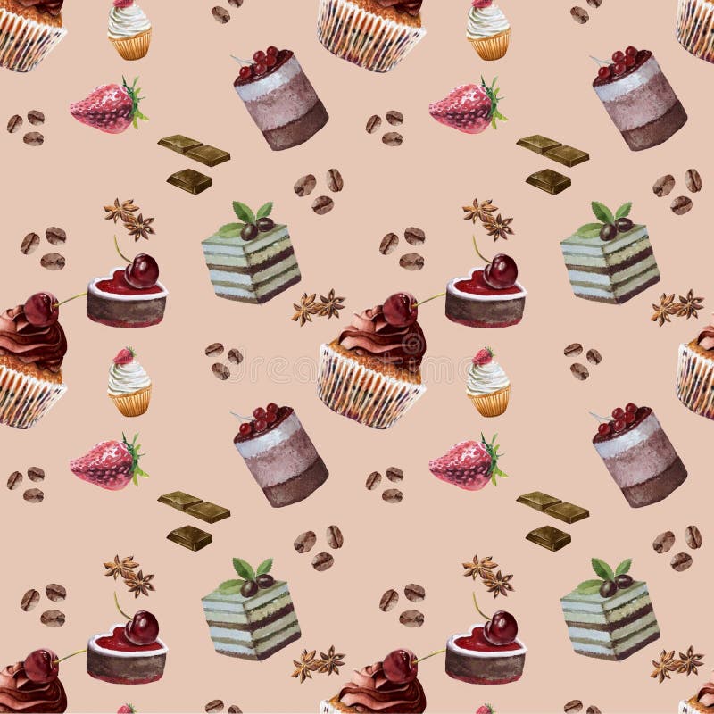 Coffee Seamless Pattern, Pastry and Cake, Delicious Breakfast ...