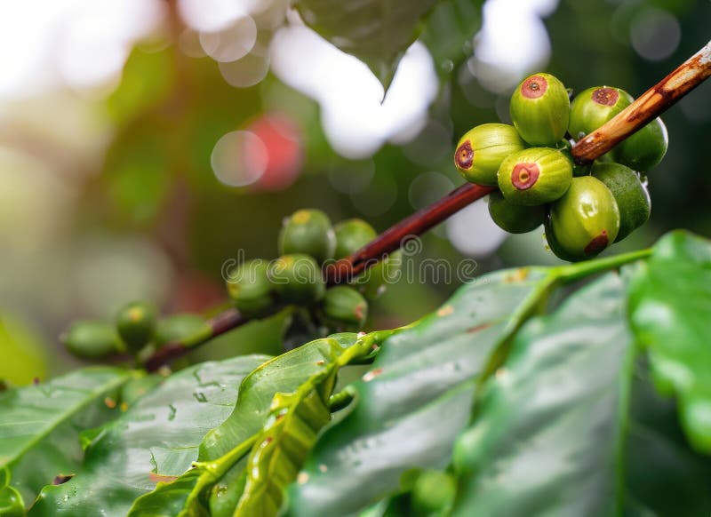 Coffee Seed Grows on a Tree in the Harvest Garden on Everning Sun Flare ...