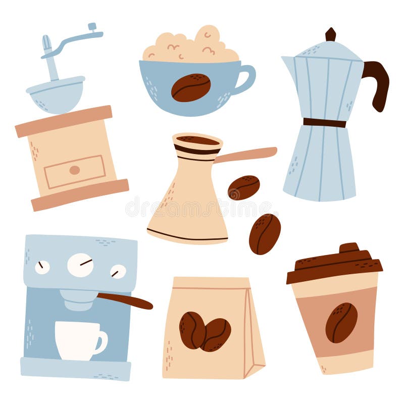 Coffee Set in Flat Style. Hand Drawn Collection of Elements for Making ...
