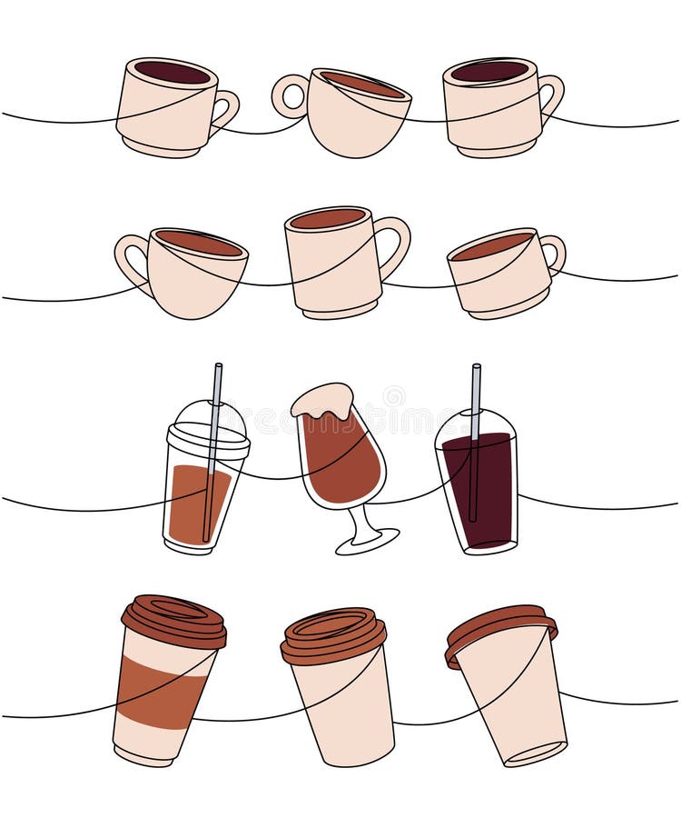 Coffee Set One Line Colored Continuous Drawing. Takeaway Coffee Cups ...