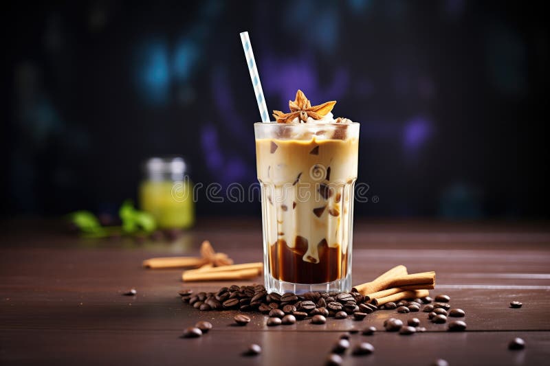 Coffee Shake with Ice, Coffee Beans, and Chocolate Syrup Swirl Stock ...