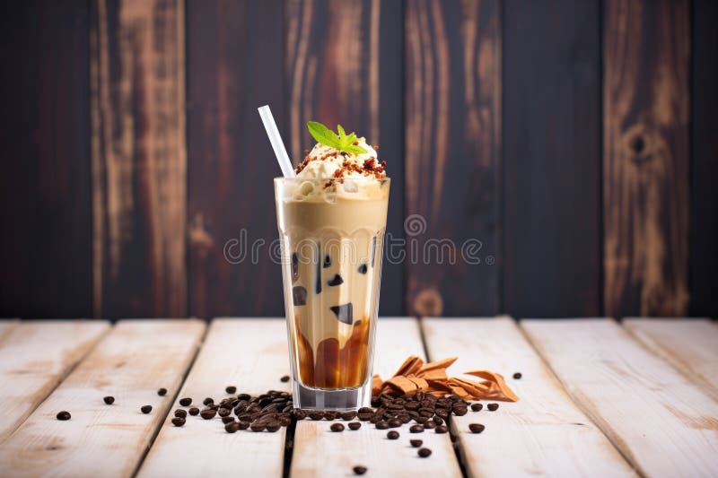 Coffee Shake with Ice, Coffee Beans, and Chocolate Syrup Swirl Stock ...